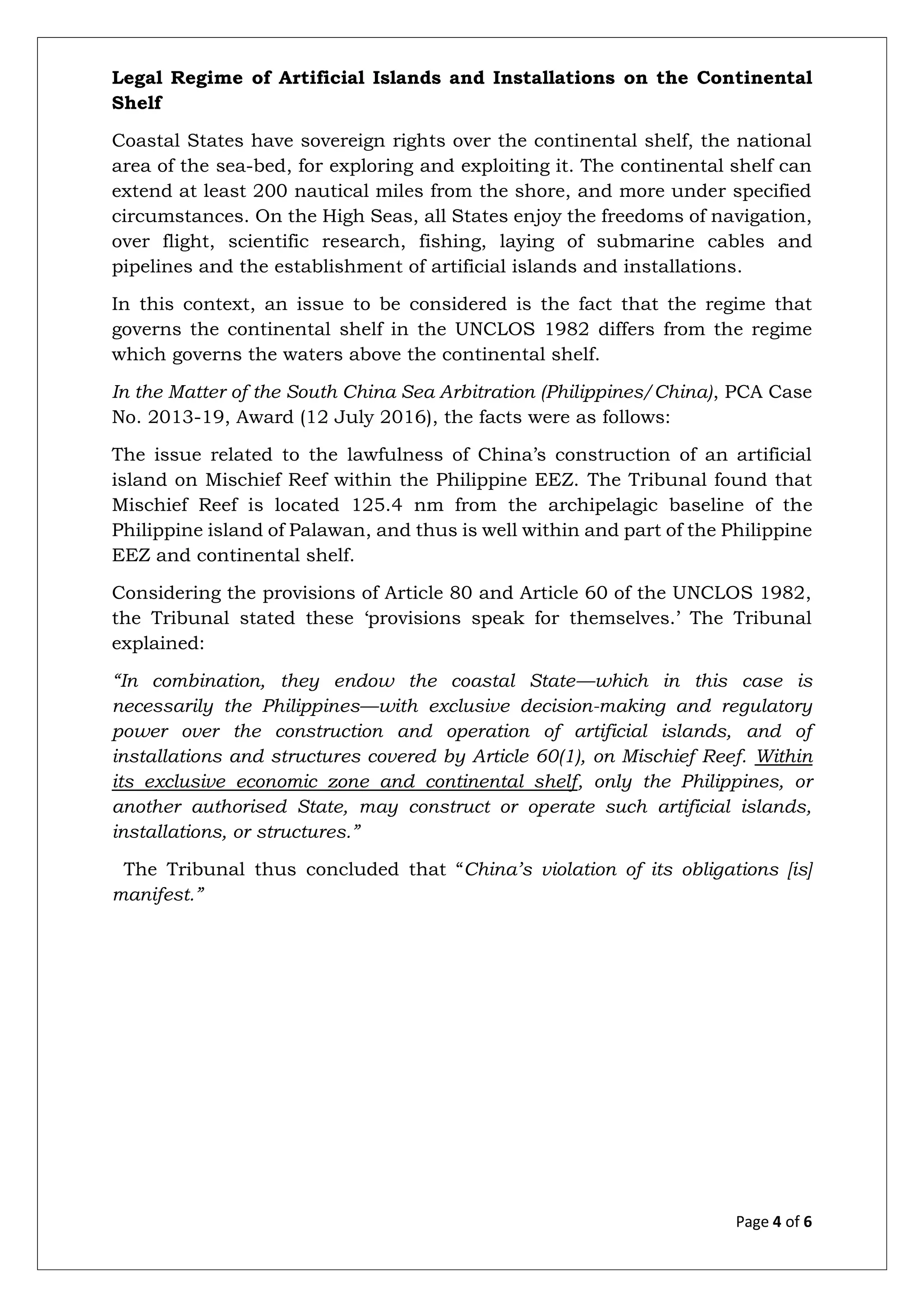 Law of the sea unclos legal status of artificial islands and ...