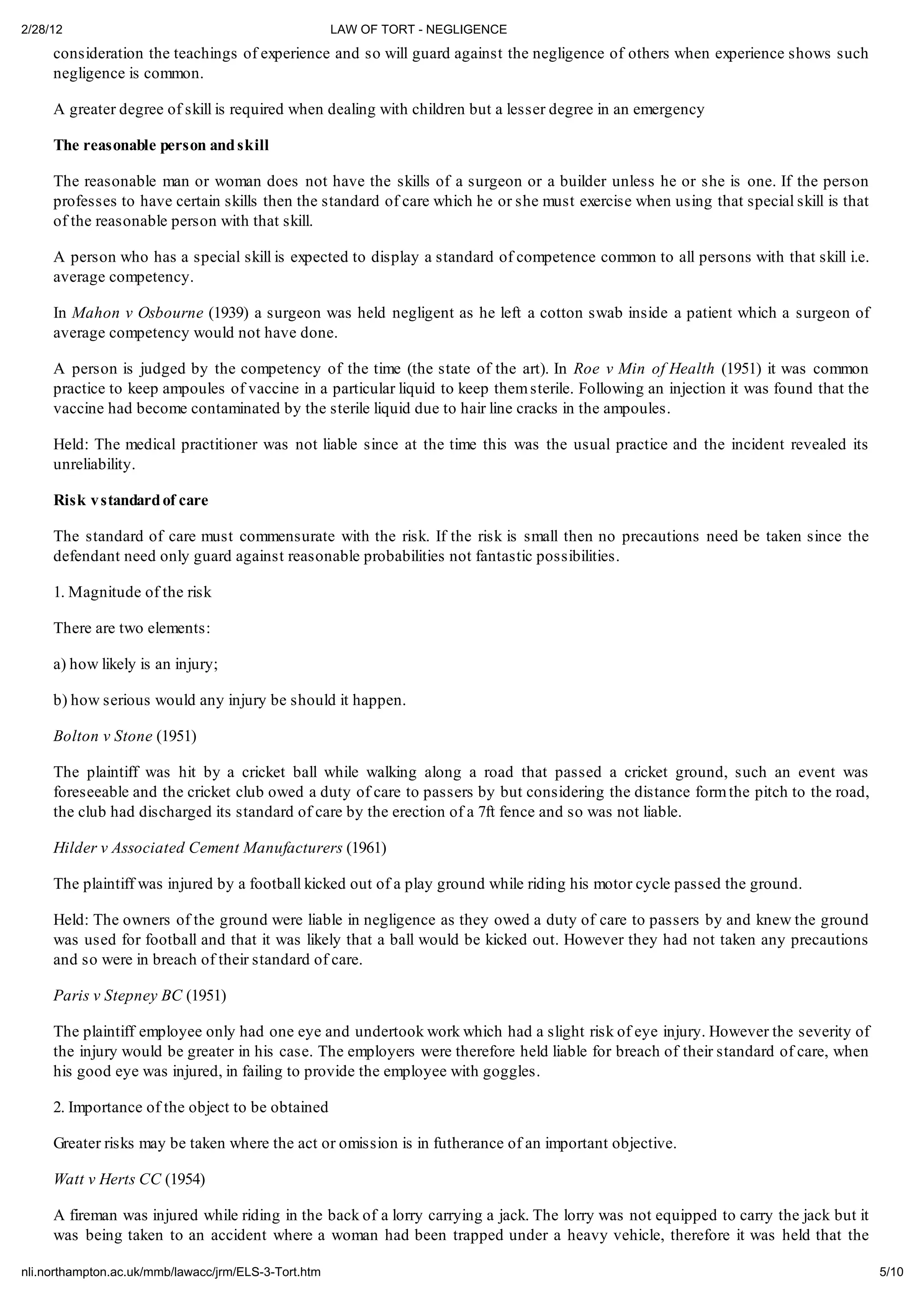 Law of tort negligence | PDF