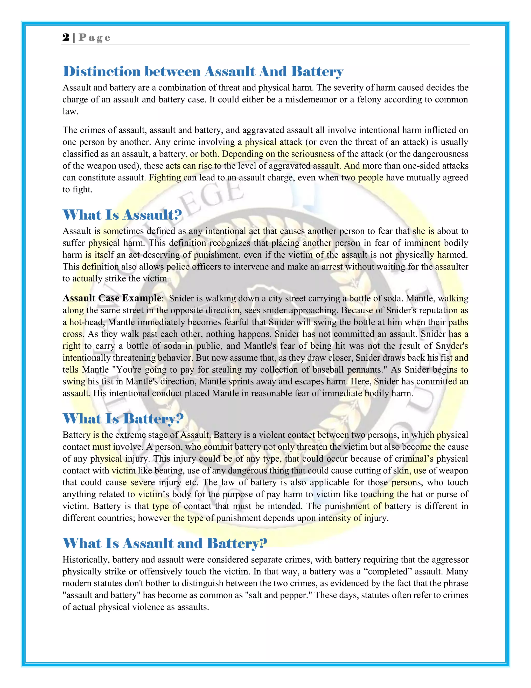 Distinction between Assault and battery | PDF