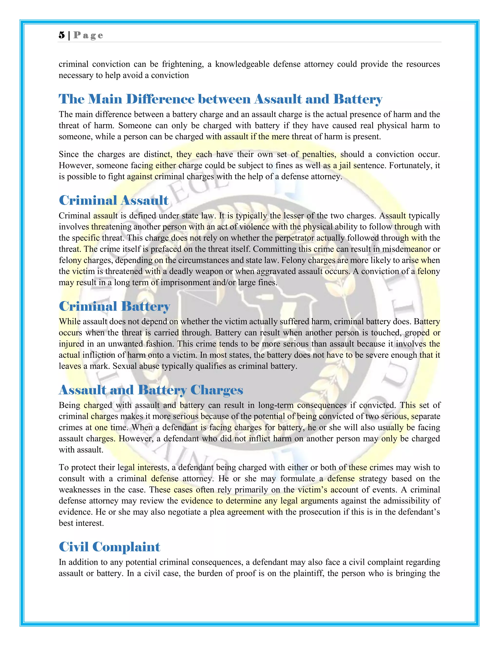 Distinction between Assault and battery | PDF