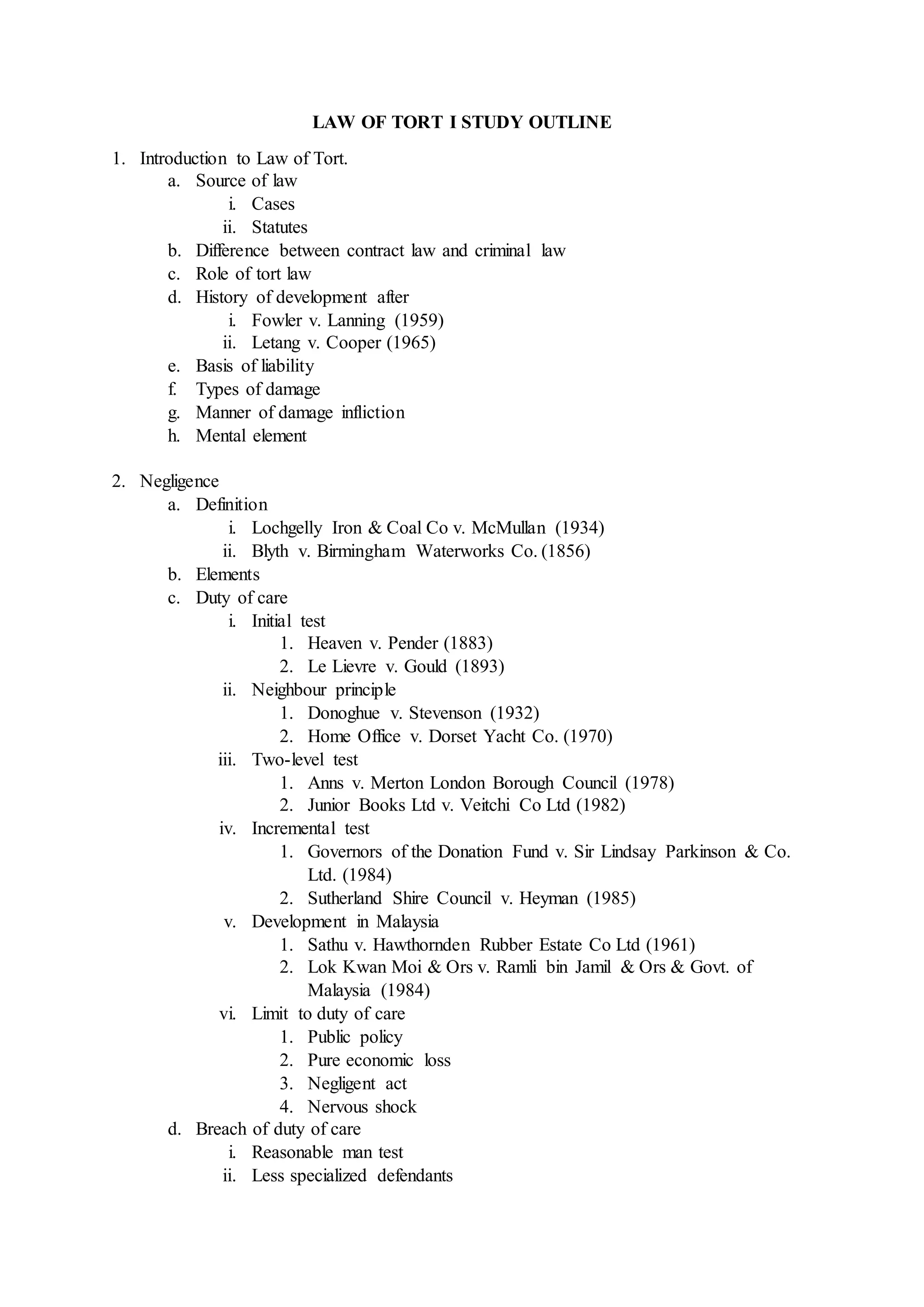 Tort - Course Outline | DOCX