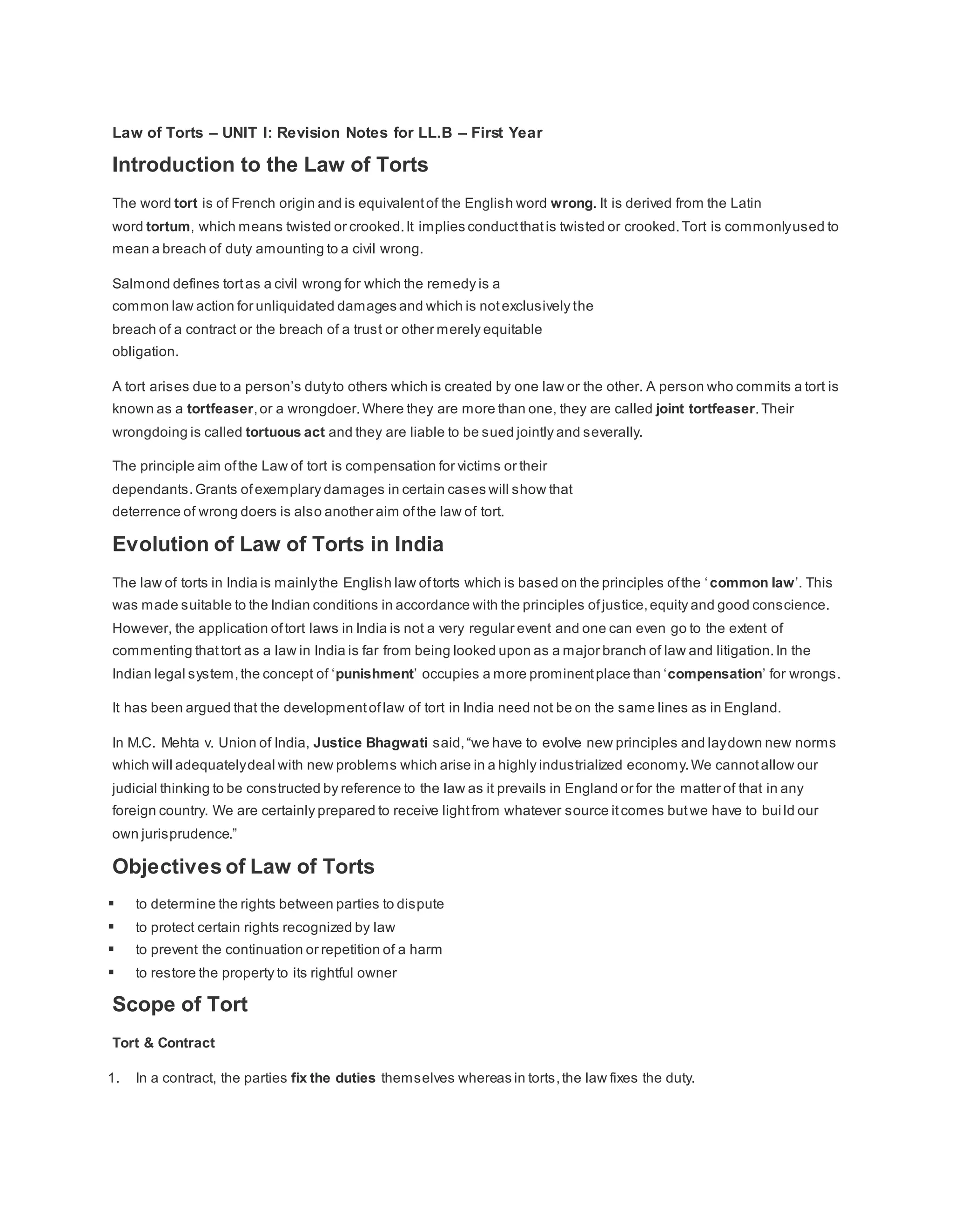 Law of torts notes | DOCX