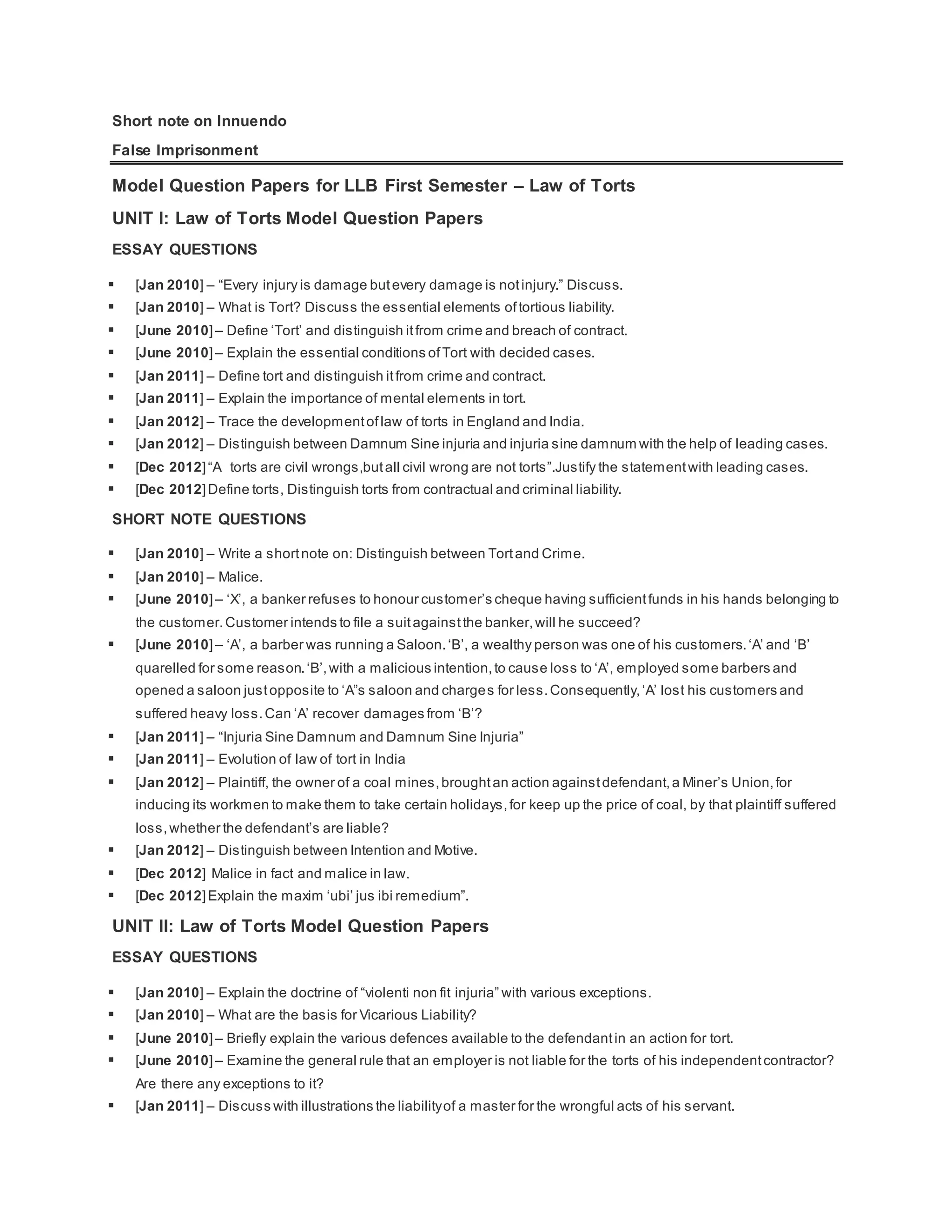 Law of torts notes | DOCX