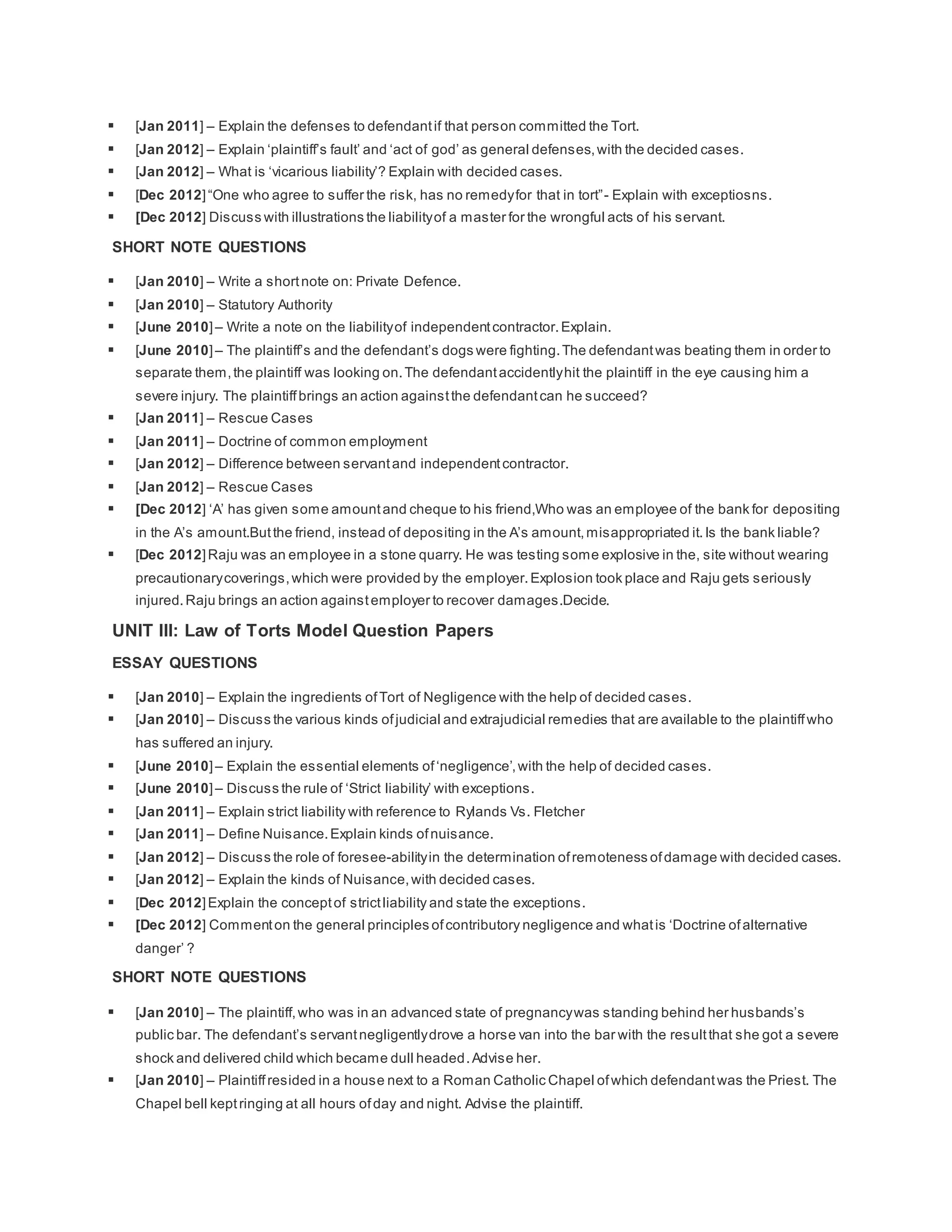 Law of torts notes | DOCX