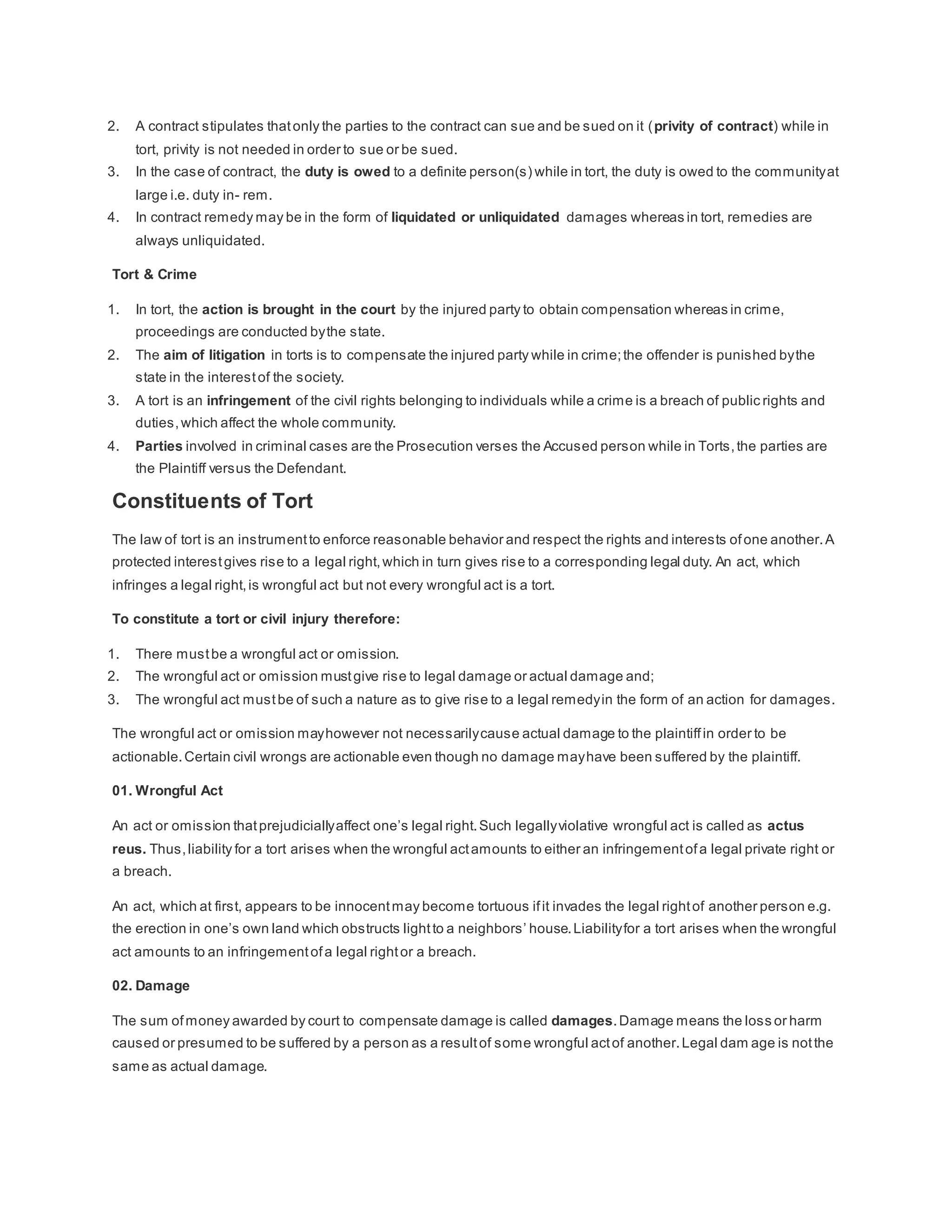 Law of torts notes | DOCX
