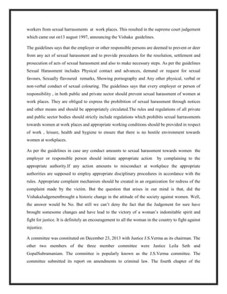 Law relating to sexual harassment of women at workplace | DOCX