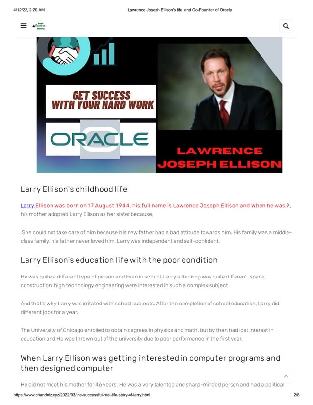 Lawrence Joseph Ellison's life, and Co-Founder of Oracle.pdf | Business ...