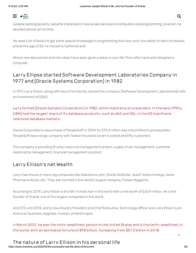 Lawrence Joseph Ellison's life, and Co-Founder of Oracle.pdf | Business ...