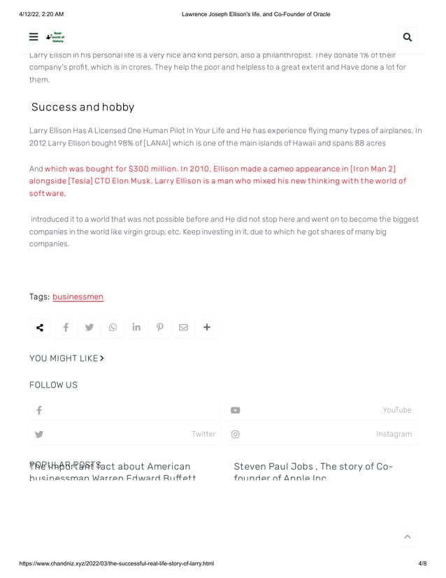 Lawrence Joseph Ellison's life, and Co-Founder of Oracle.pdf | Business ...
