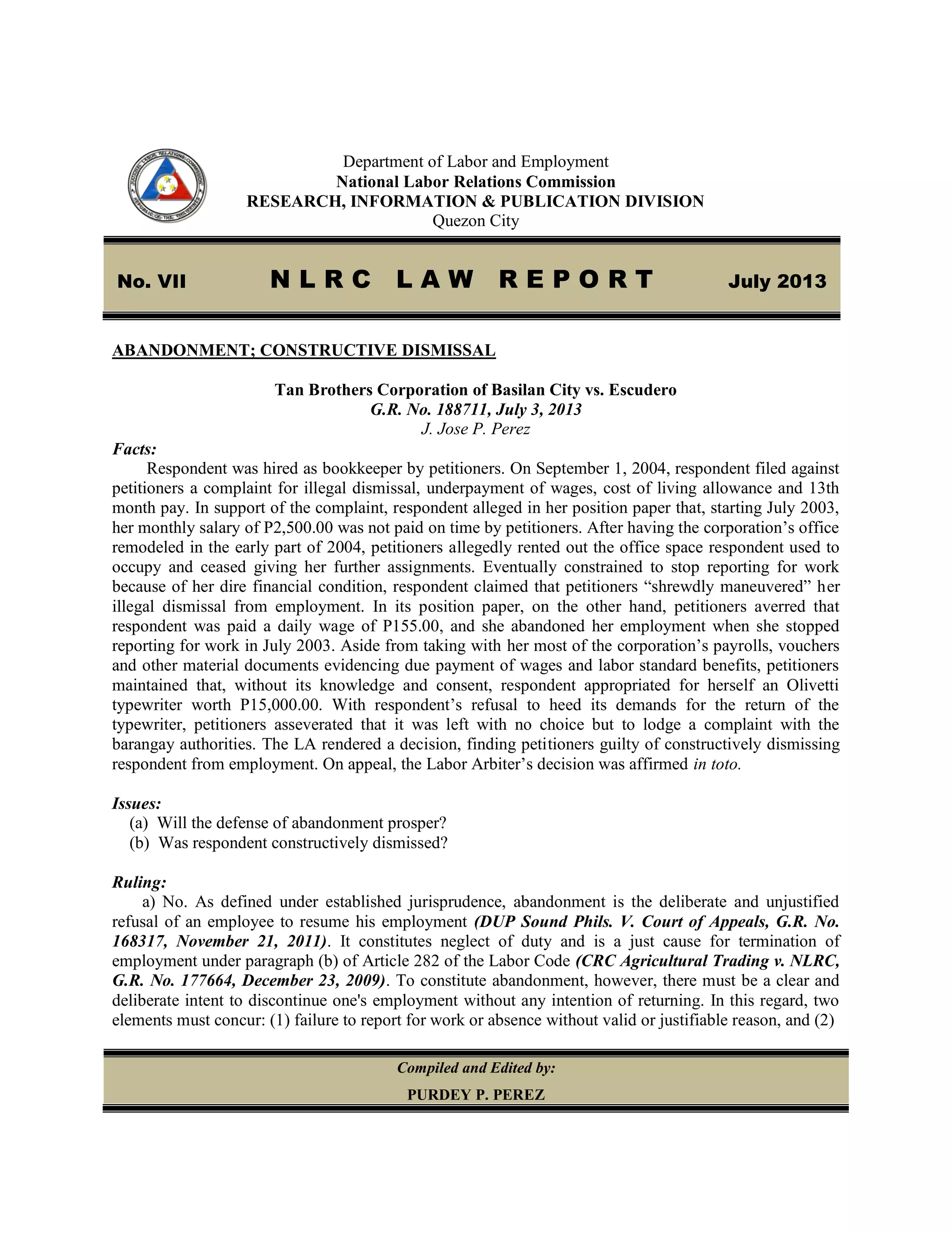 NLRC Law Report No. VII. July 2013. | PDF