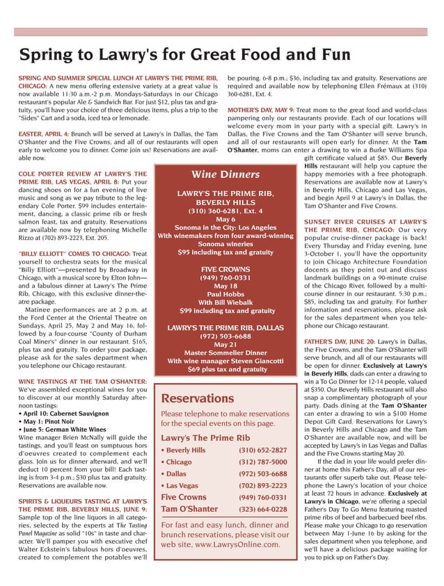 Lawry's Restaurants A La Cart Spring 2010 newsletter | PDF | Bars & Restaurants | Attractions