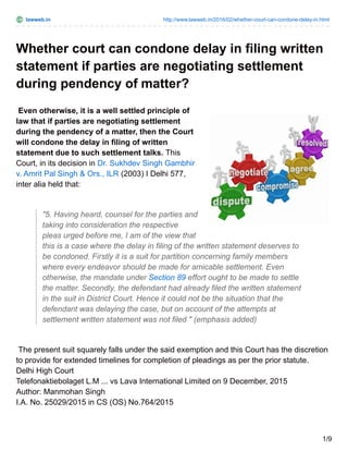 Lawweb.in whether court can condone delay in filing written statement ...
