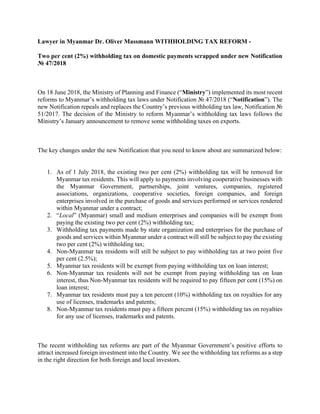 Lawyer in Myanmar Dr. Oliver Massmann WITHHOLDING TAX REFORM | PDF