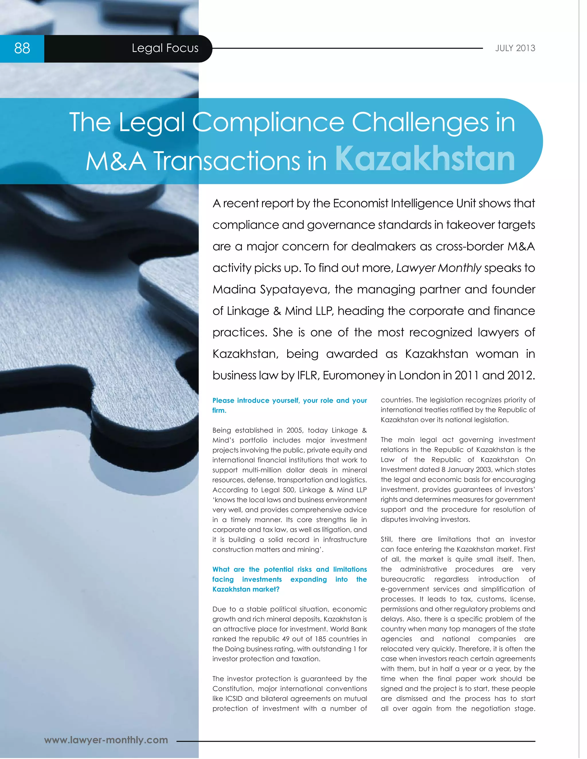 The legal compliance challenges in M&A transactions in Kazakhstan | PDF