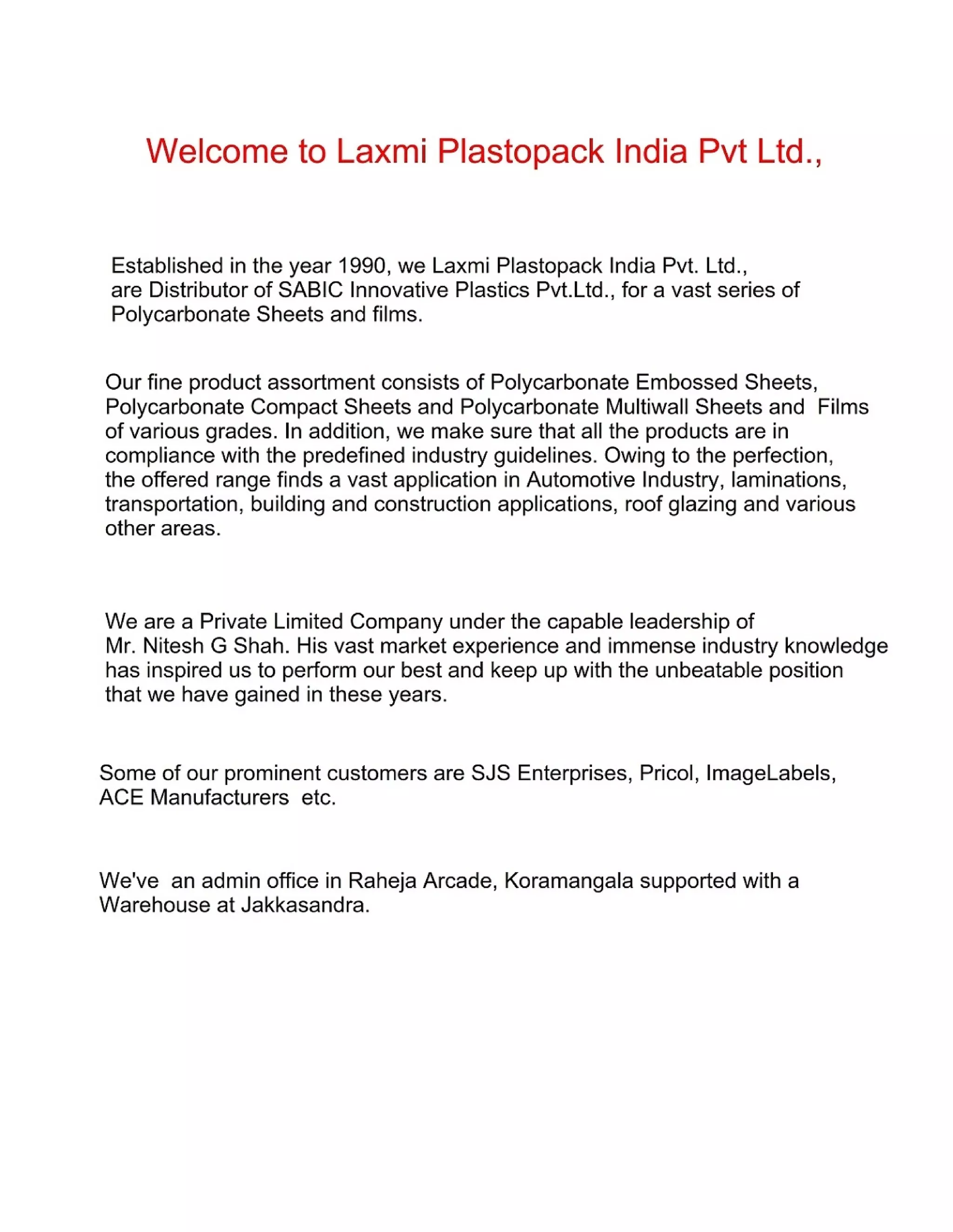 Laxmi Plastopack India Private Limited, Bengaluru, Polycarbonate Sheets | PDF