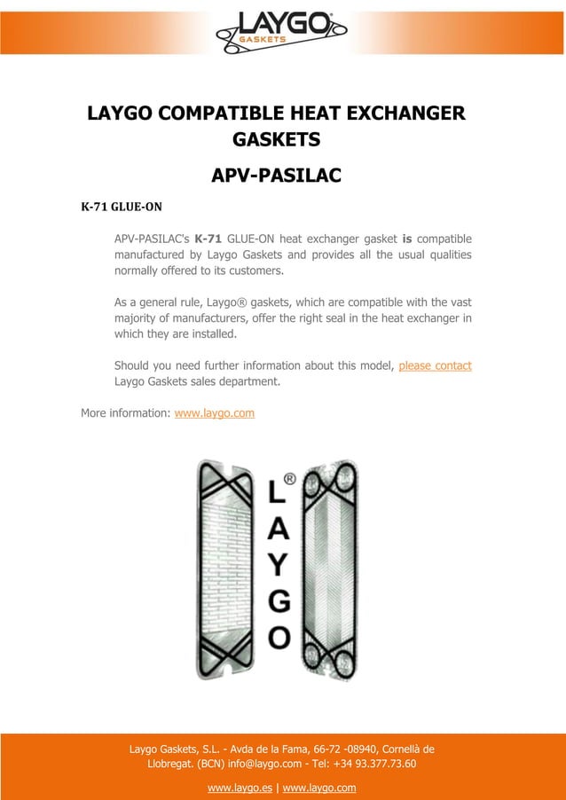LAYGO COMPATIBLE HEAT EXCHANGER GASKETS APV-PASILAC | PDF