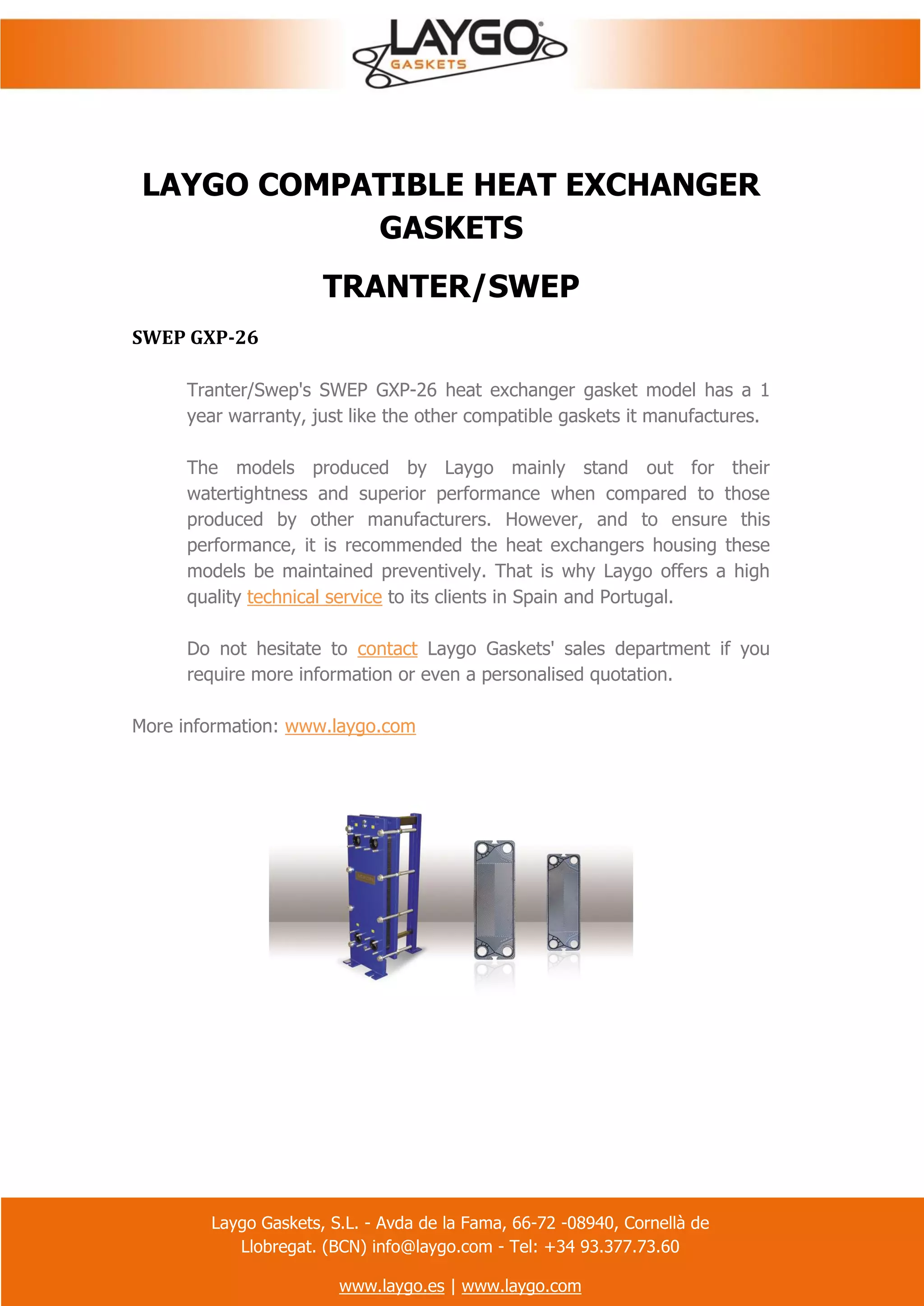 LAYGO COMPATIBLE HEAT EXCHANGER GASKETS TRANTER/SWEP | PDF | Automotive