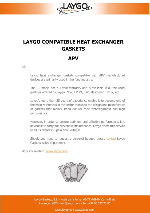 LAYGO COMPATIBLE HEAT EXCHANGER GASKETS APV | PDF