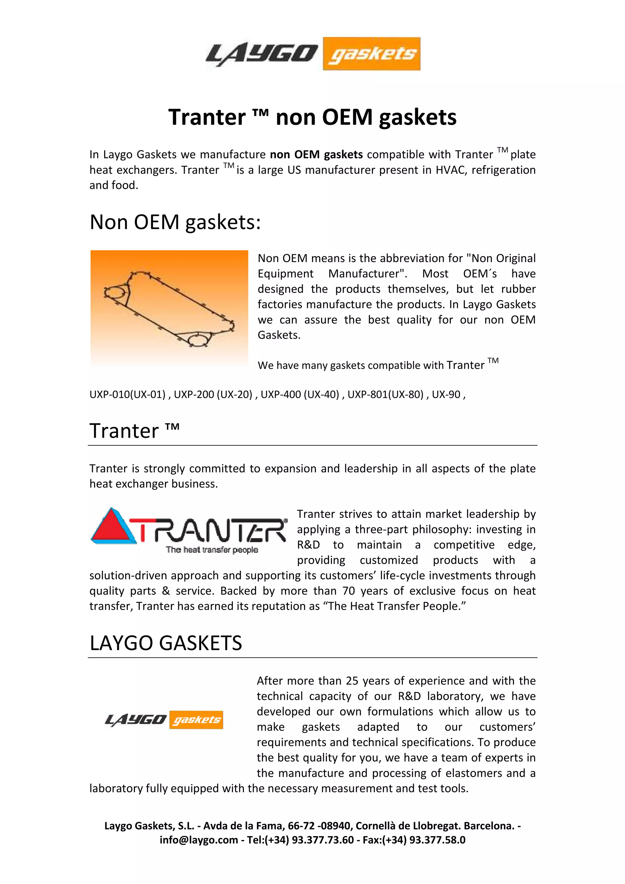 Tranter™ non OEM gaskets by Laygo | PDF