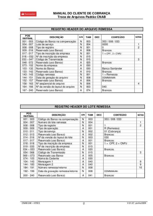 Layout cnab 240 posicoes set de 2009