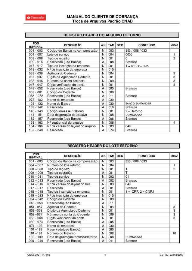 Layout cnab 240 posicoes set de 2009