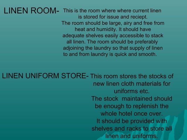 Layout of housekeeping dept. with explanation | PPT