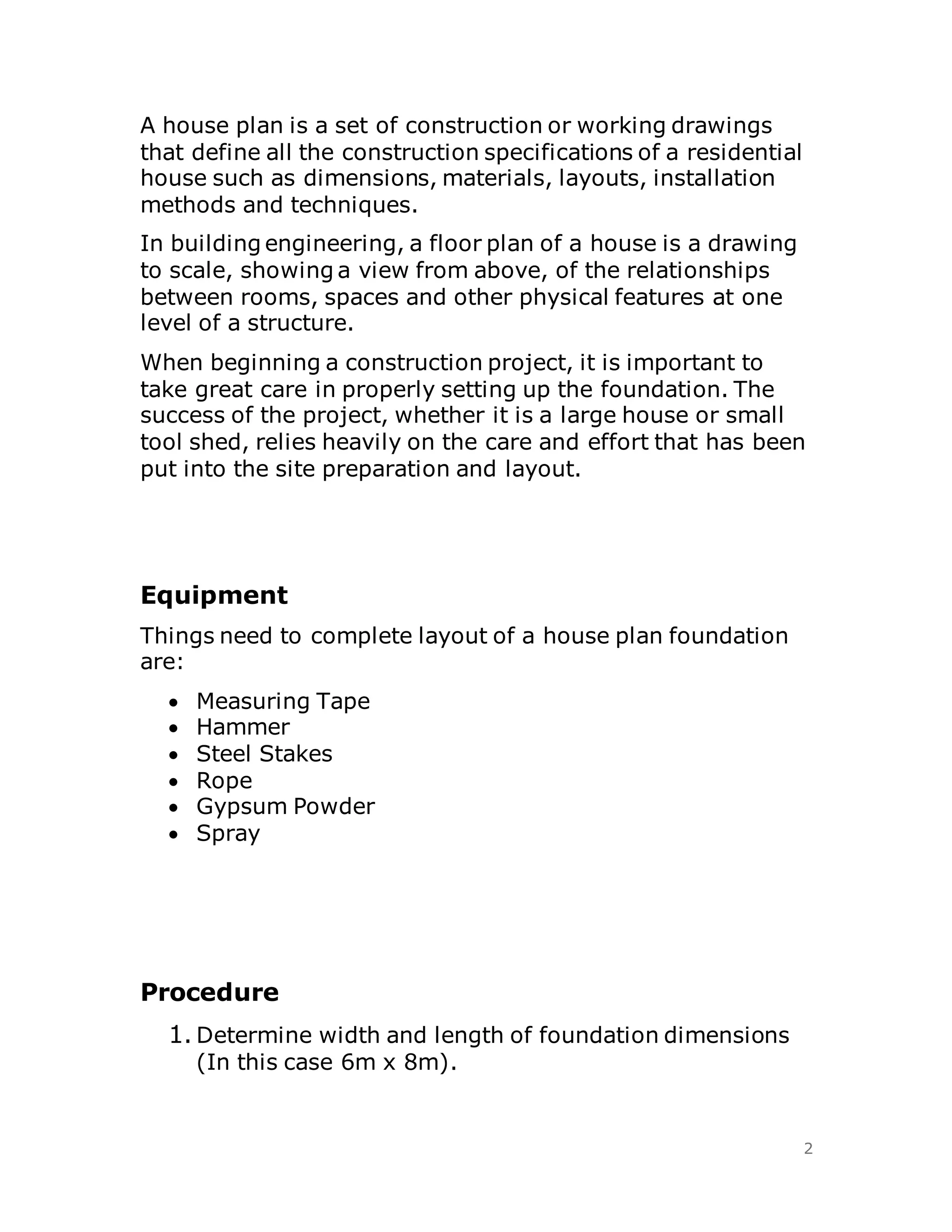 Layout of a House Plan Foundation - Report | DOCX