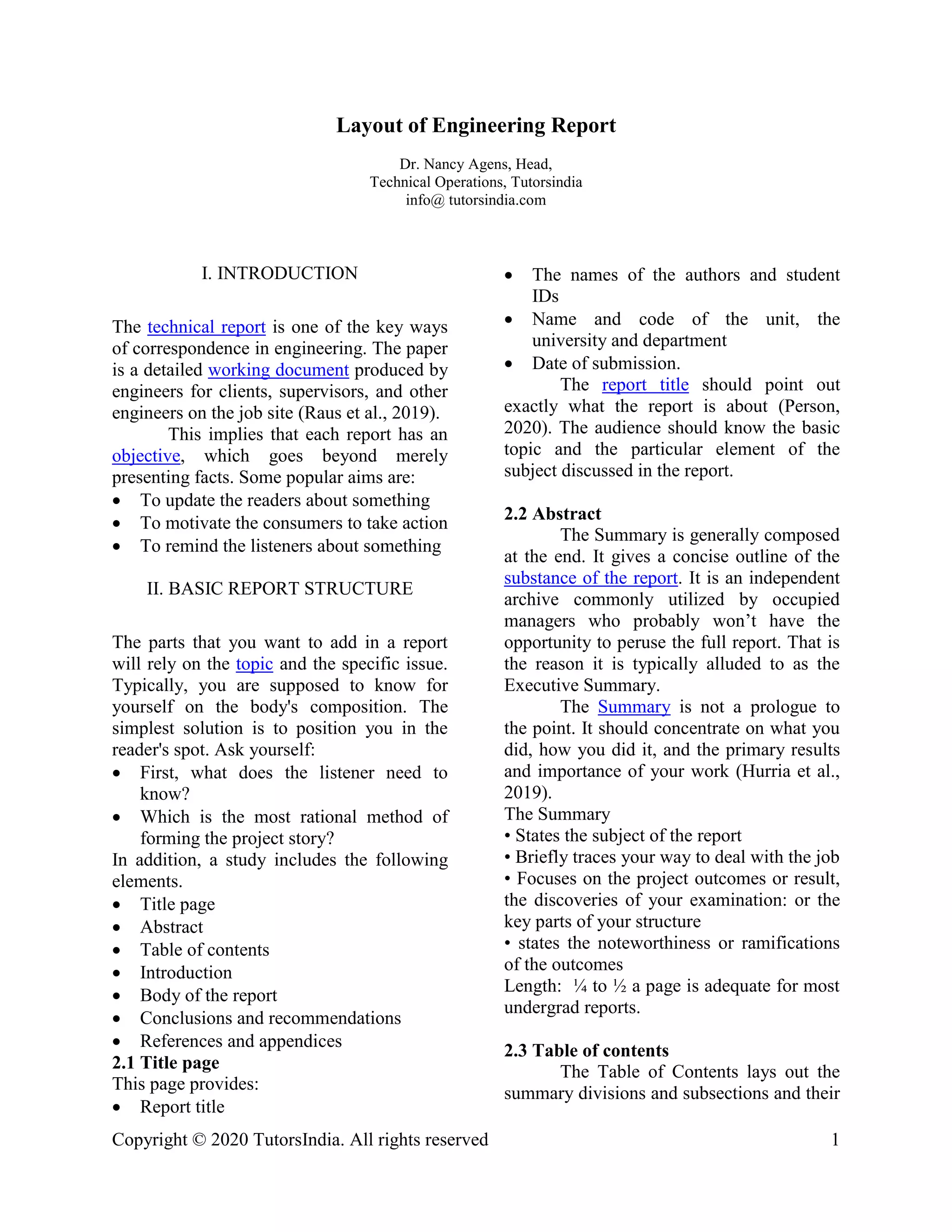 Layout of engineering report tutorsindia.com