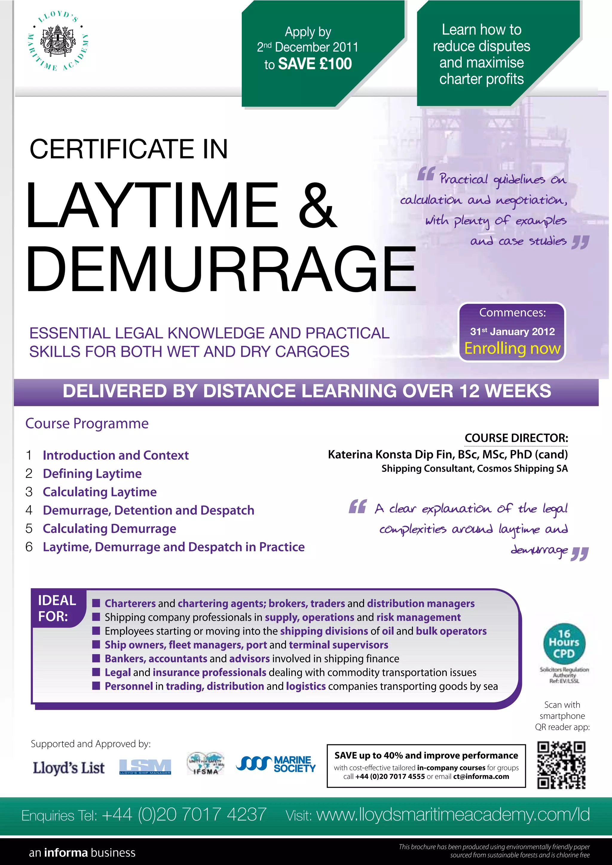 Certificate in Laytime and Demurrage by Lloyds Maritime Academy | PDF