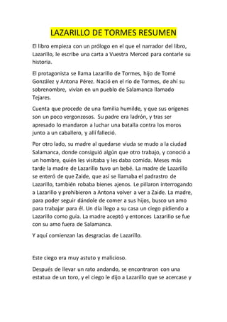 LAZARILLO DE TORMES RESUMEN | DOCX