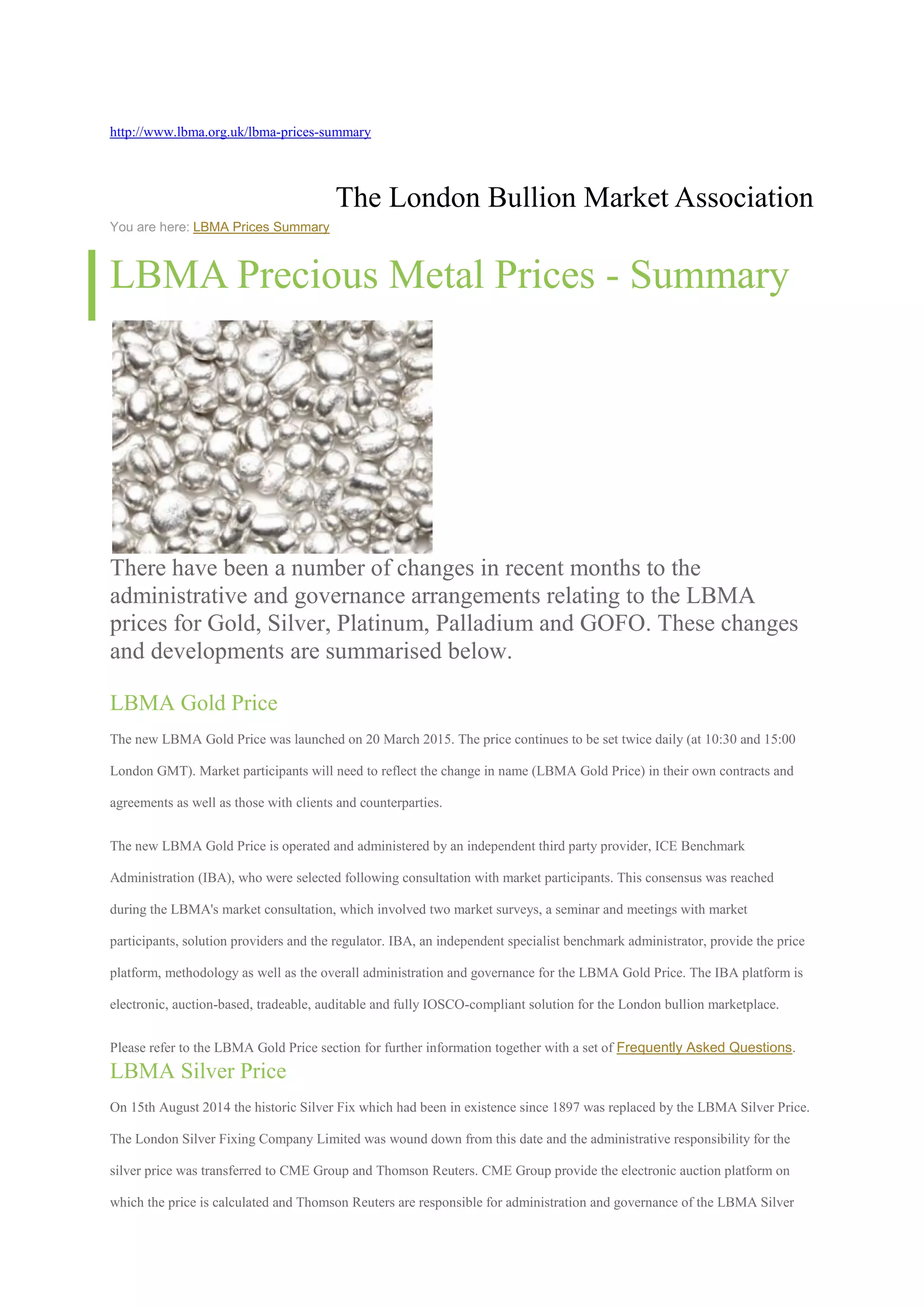 Lbma changes in the price governance (1) | PDF