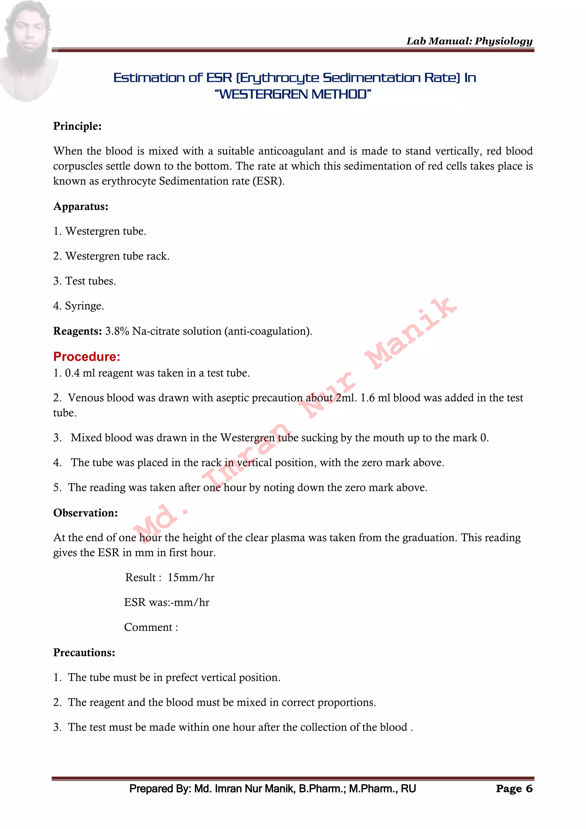 Laboratory Manual for Physiology: MANIK | PDF