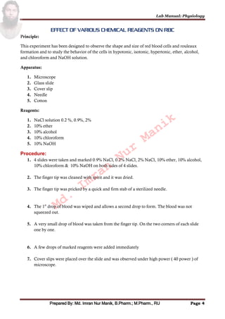 Laboratory Manual for Physiology: MANIK | PDF