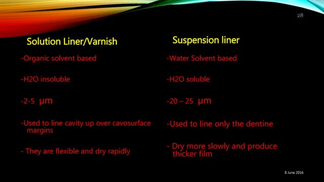 Liner Bases & Varnishes | PPTX | Dental Health | Diseases and Conditions