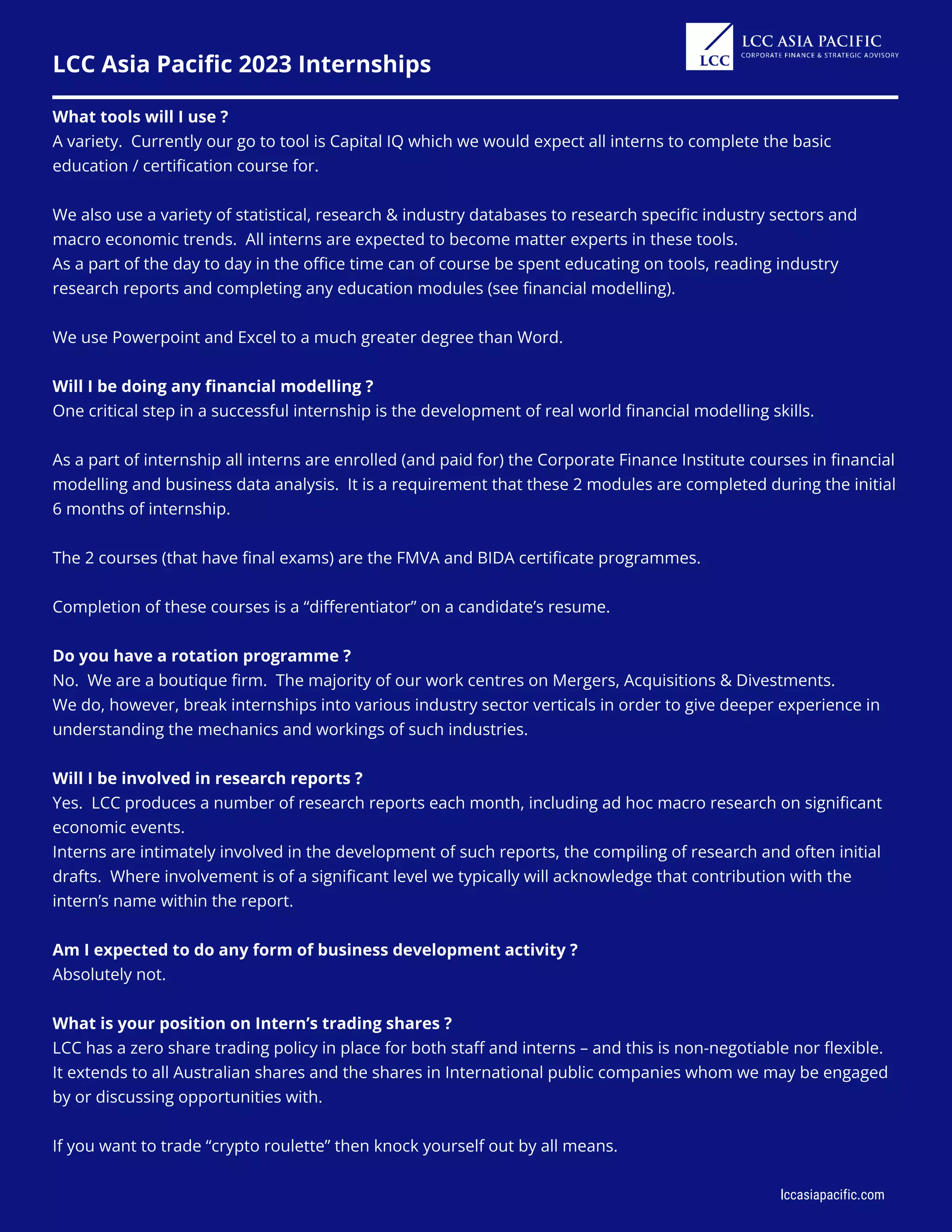 LCC Asia Pacific Internship FAQs | PDF