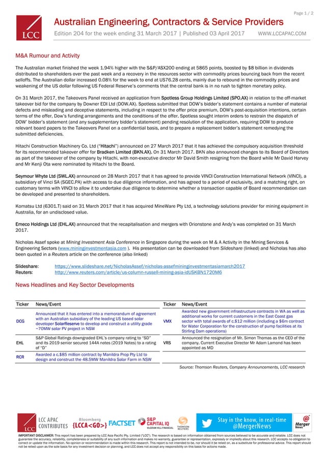 LCC Asia Pacific Engineering, Contractors & Services Weekly Research ...