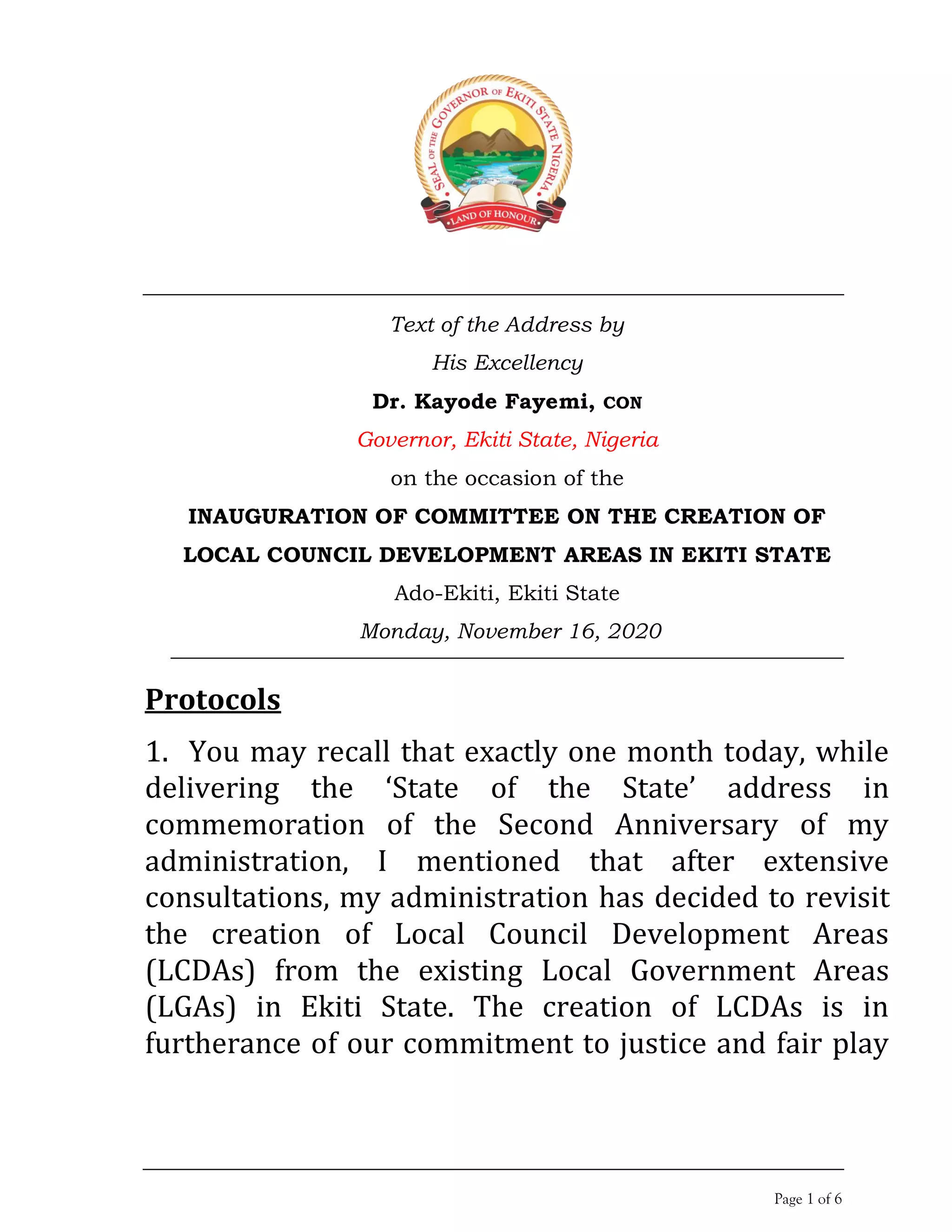 INAUGURATION OF COMMITTEE ON THE CREATION OF LOCAL COUNCIL DEVELOPMENT ...