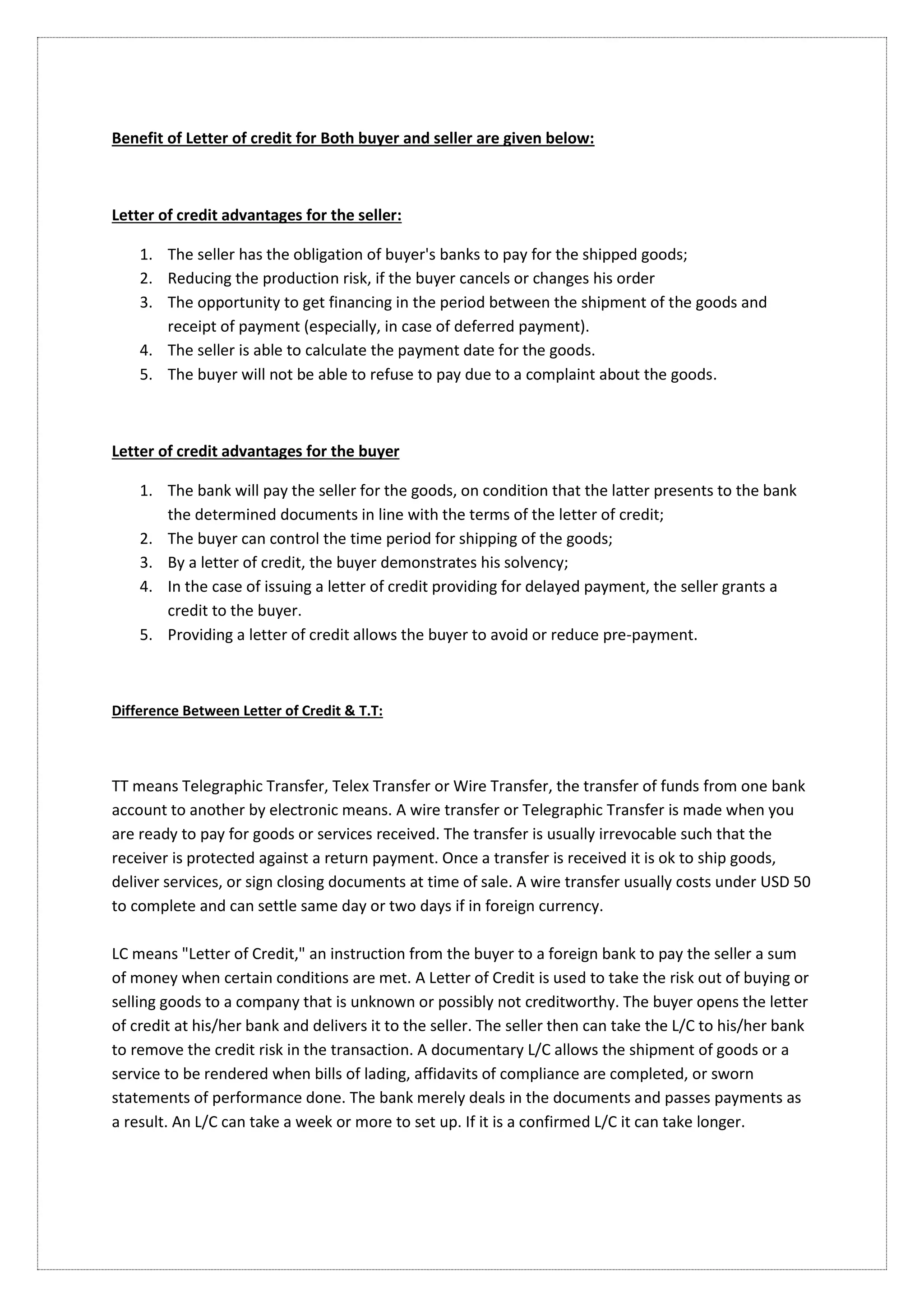 Difference between Letter of credit and Telegraphic Transfer (T.T) | PDF