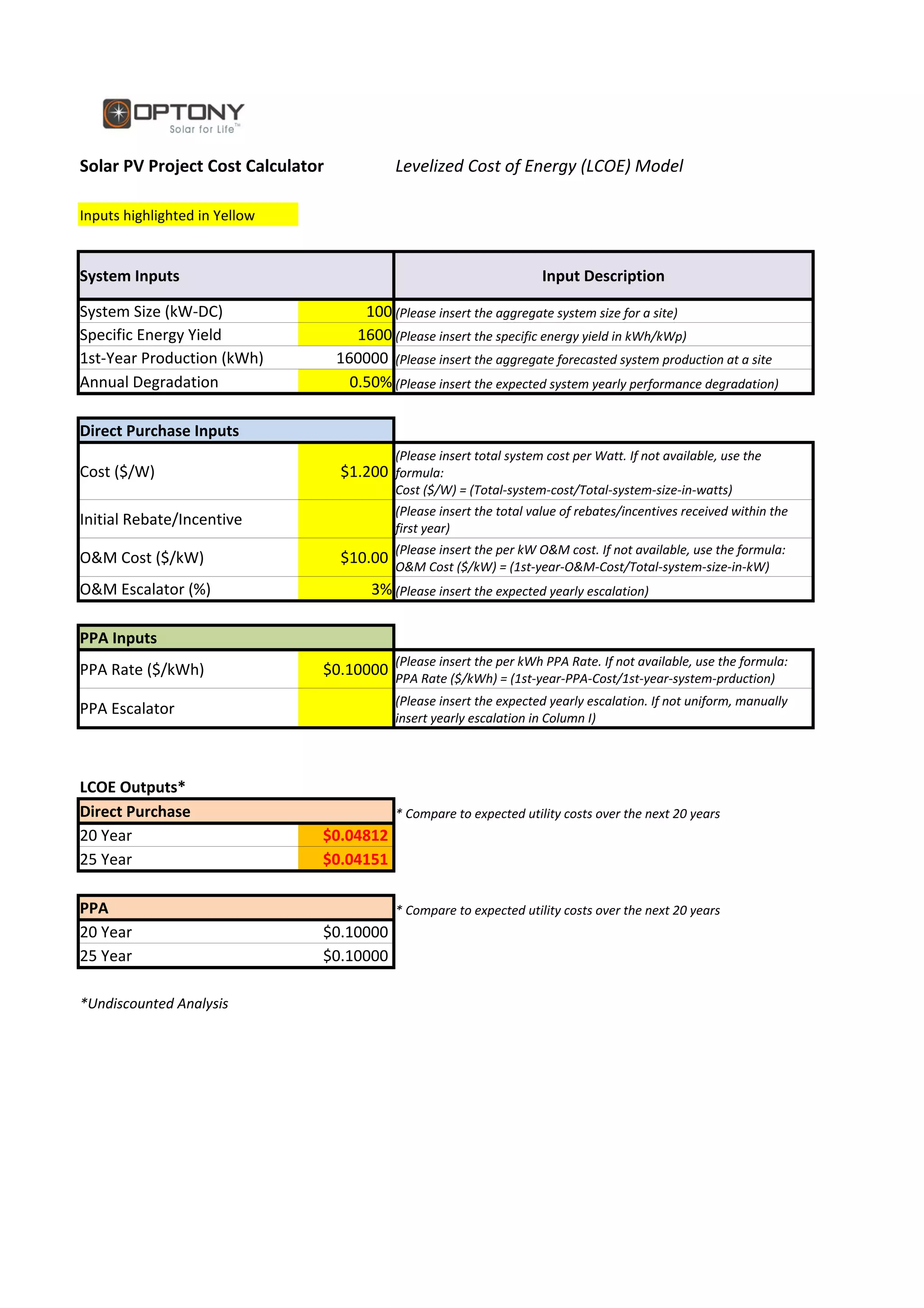 Lcoe calculator epco_epa1 | ODS