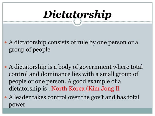 democracy vs dictatorship / types of government | PPTX | Civic affairs ...
