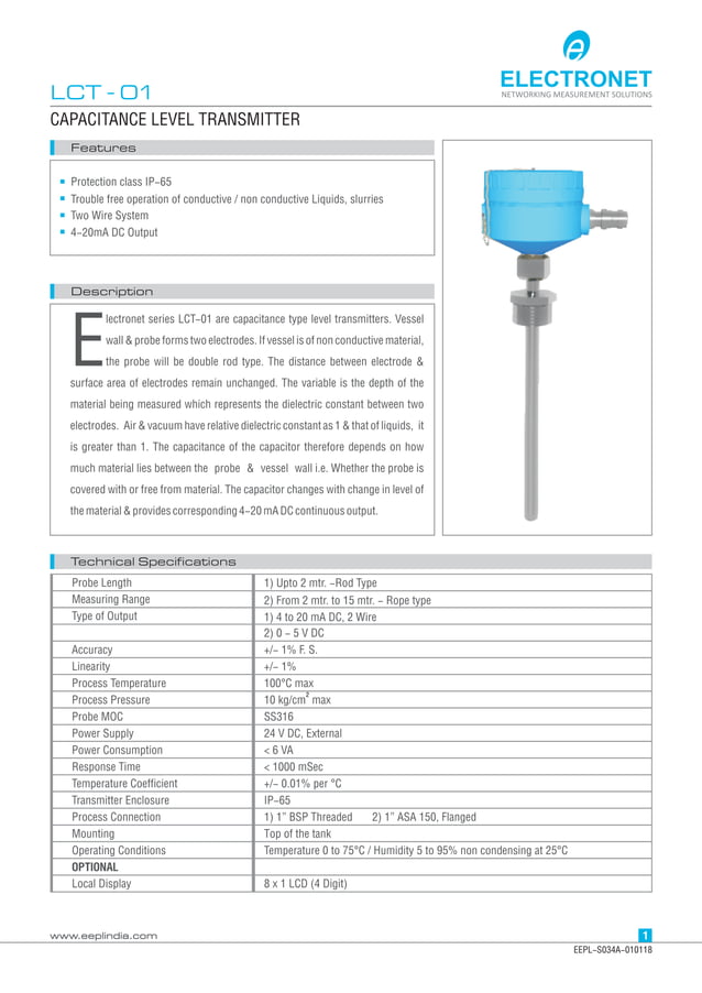 Capacitance Level Transmitter : LCT-01 | PDF
