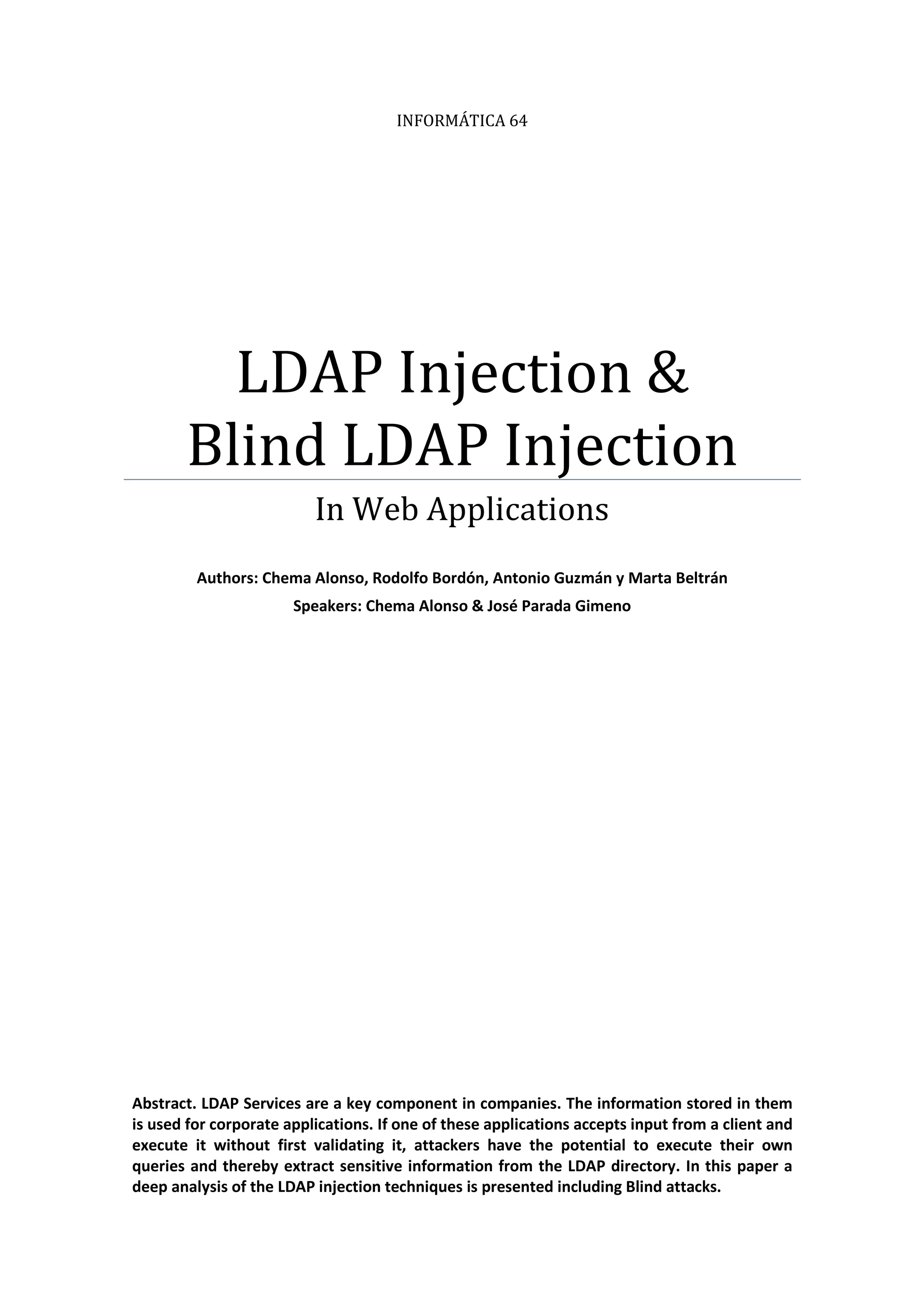 LDAP Injections & Blind LDAP Injections Paper | PDF