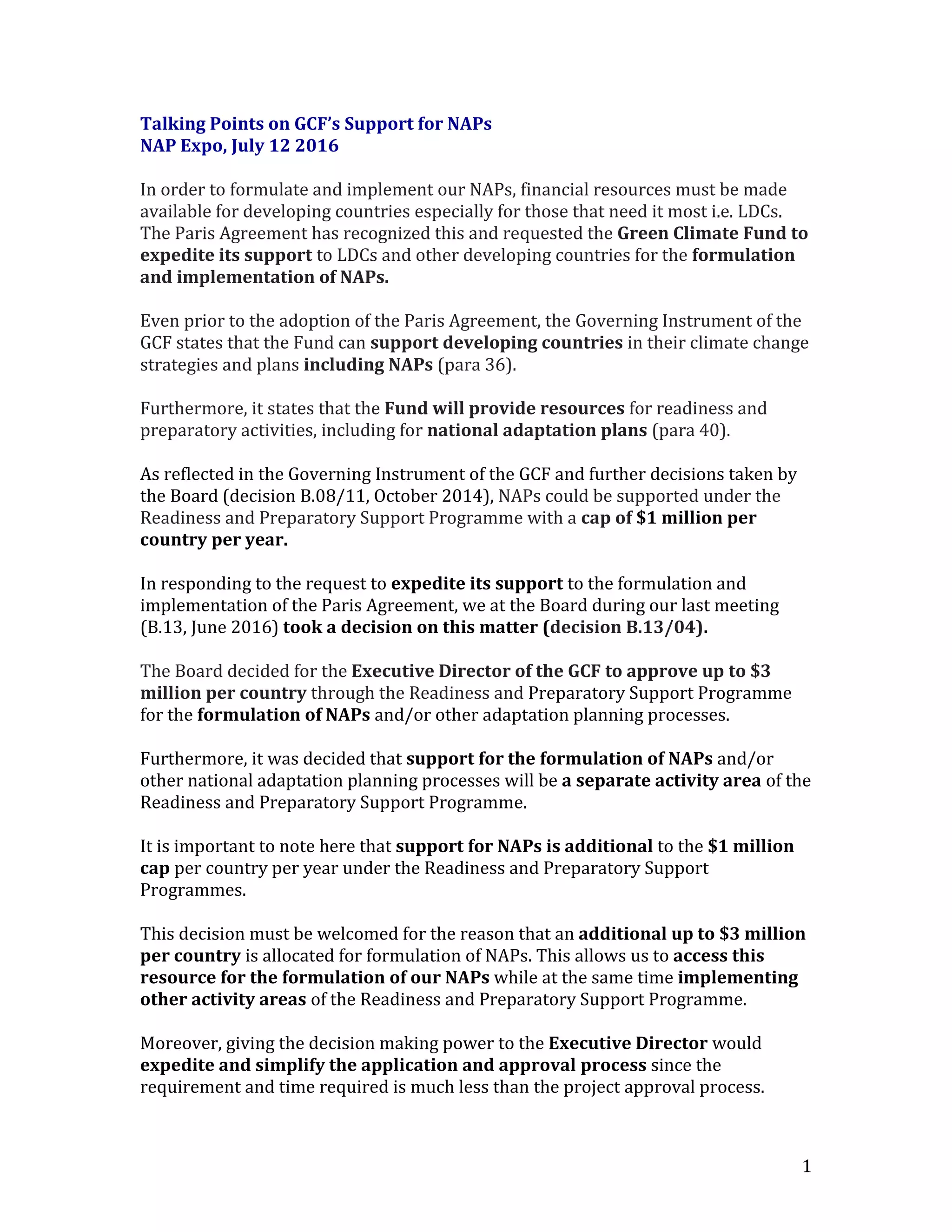 Talking Points on GCF’s Support for NAPs | PDF