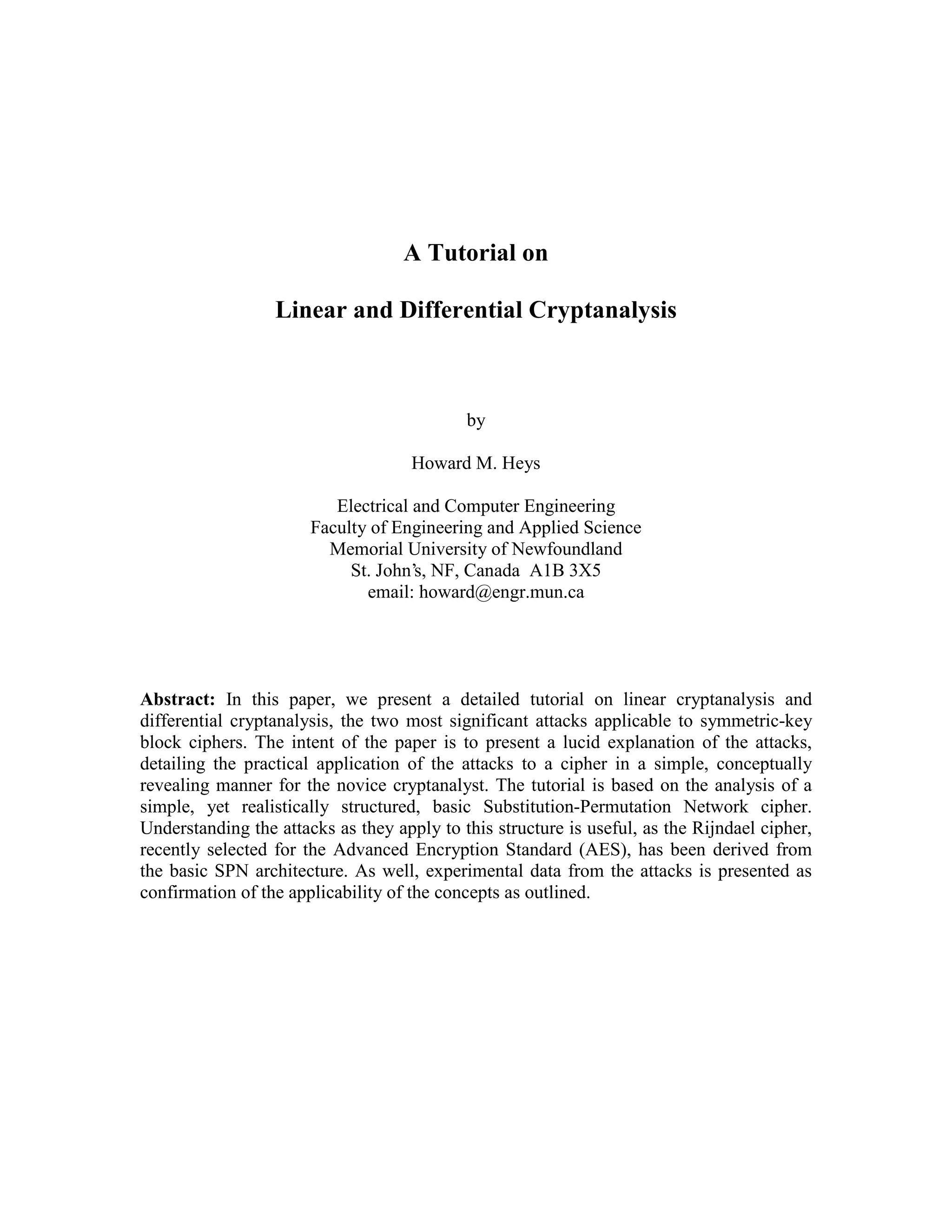 A Tutorial on Linear and Differential Cryptanalysis by Howard M. Heys | PDF