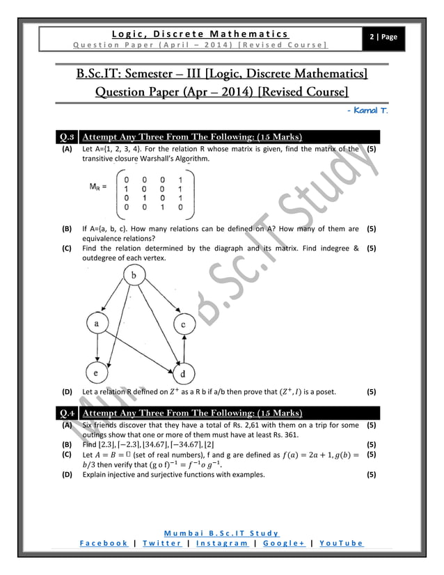 Question Paper Logic And Discrete Mathematics Revised Course April