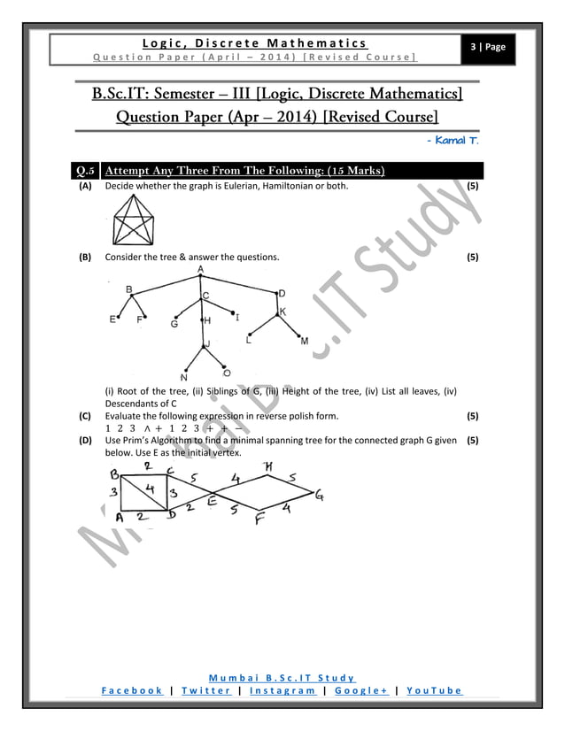 Question Paper Logic And Discrete Mathematics Revised Course April 2014 Pdf