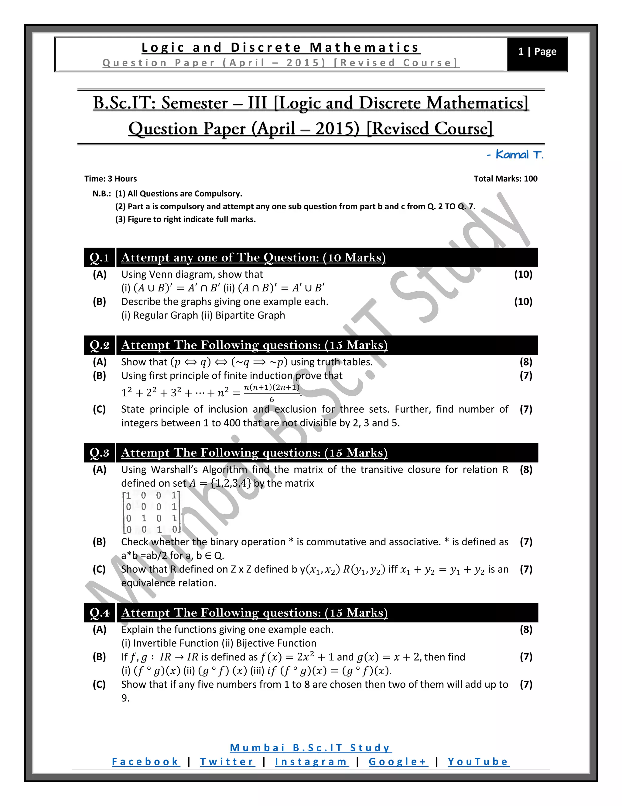 [Question Paper] Logic and Discrete Mathematics (Revised Course) [April ...
