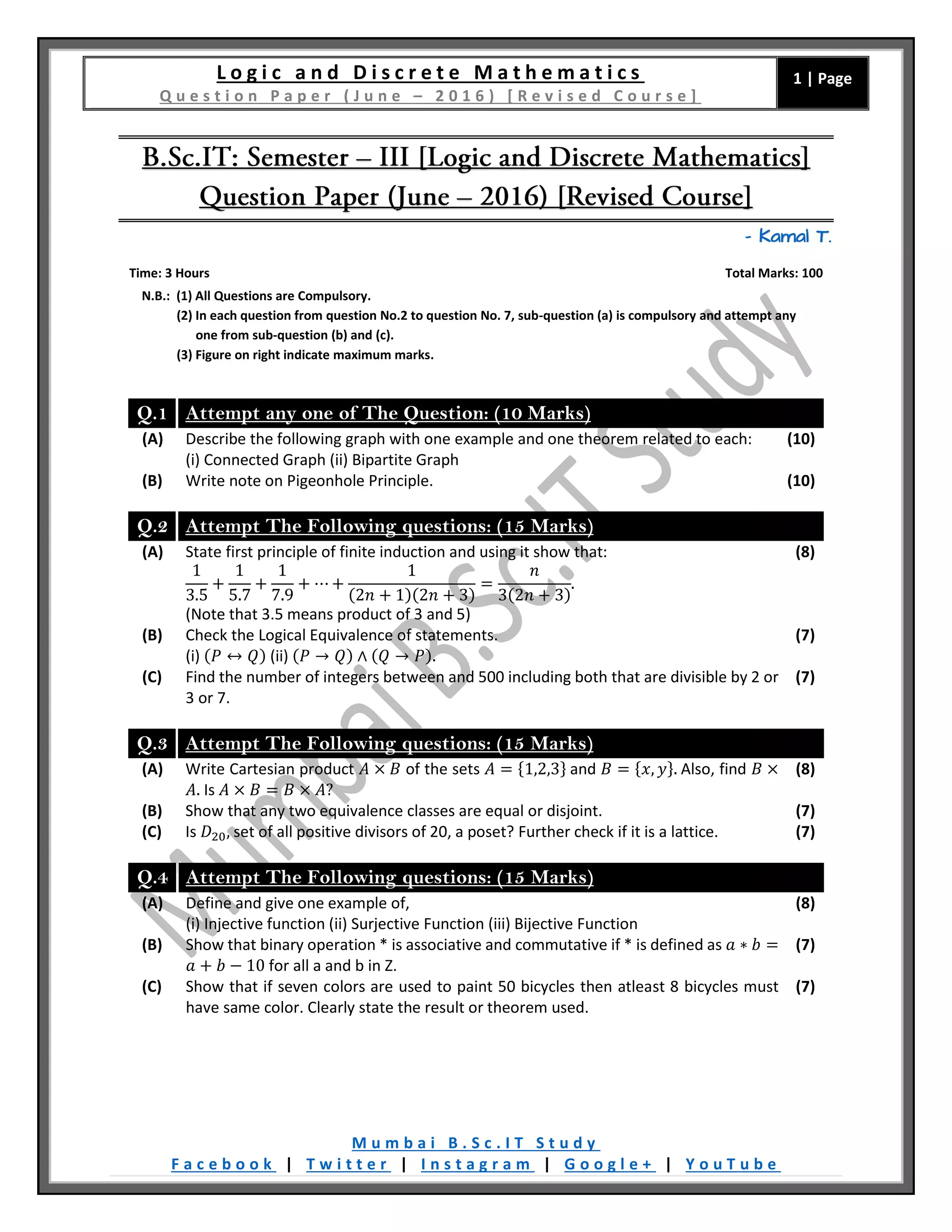 [Question Paper] Logic and Discrete Mathematics (Revised Course) [June / 2016] | PDF ...