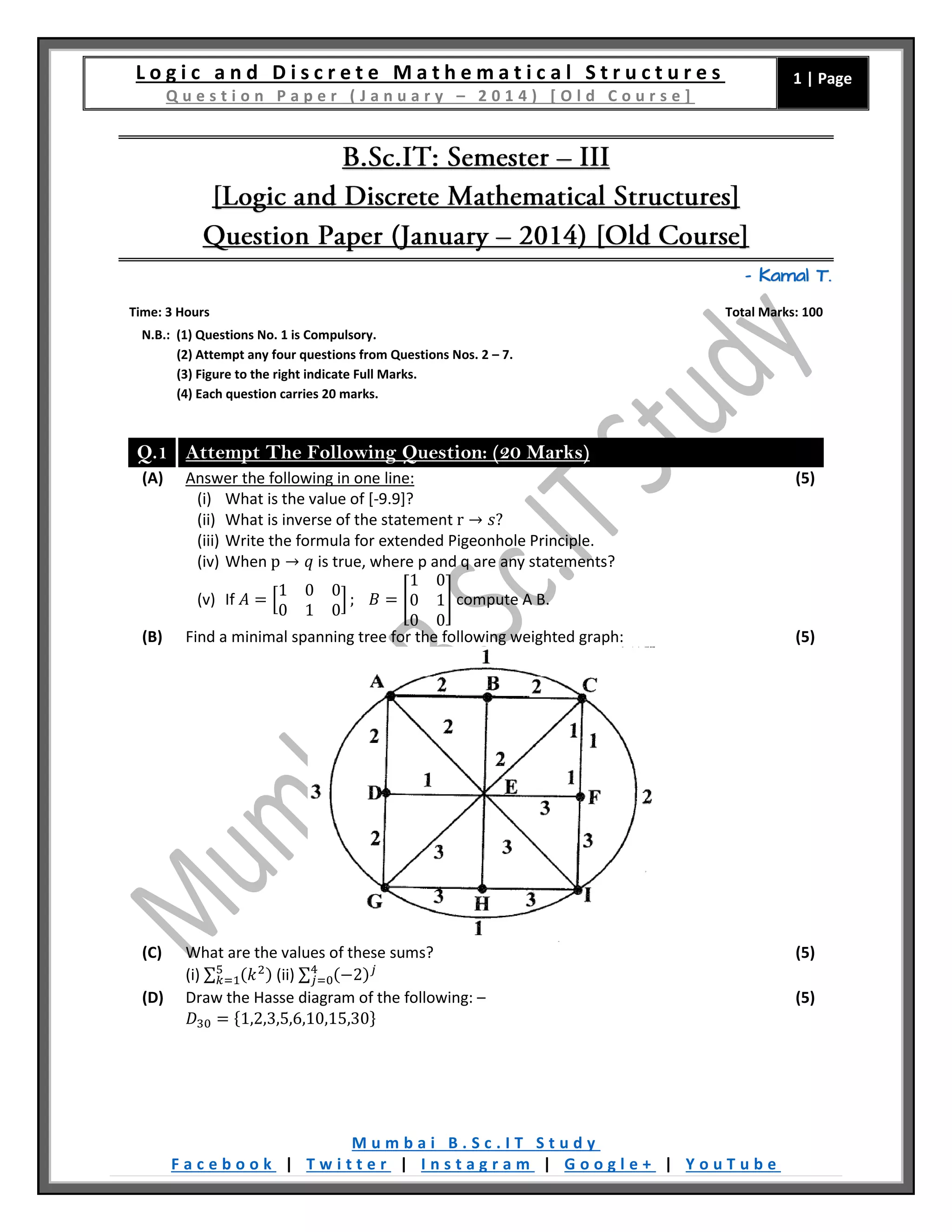 [Question Paper] Logic, Discrete Mathematical Structures (Old Course) [January / 2014] | PDF ...
