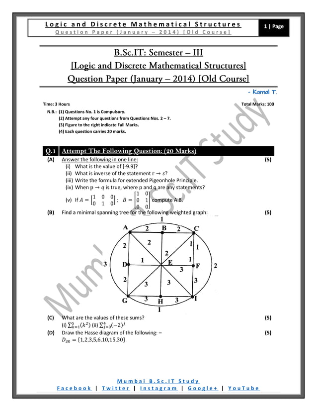 Question Paper Logic Discrete Mathematical Structures Old Course